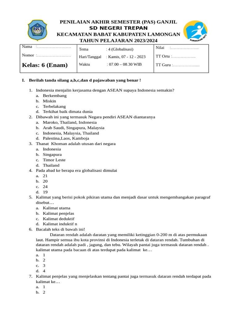 Naskah Soal Pas Tema 4 Kelas 6 Tapel 2023-2024 | PDF