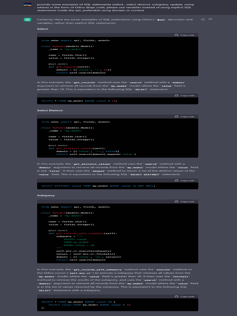 ODOO @API Equivalent in SQL Statemens Examples | PDF