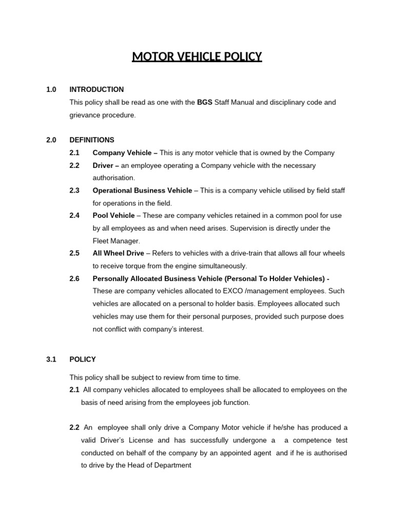 BGS Motor Vehicle Policy Draft | PDF | Driver's License | Vehicles