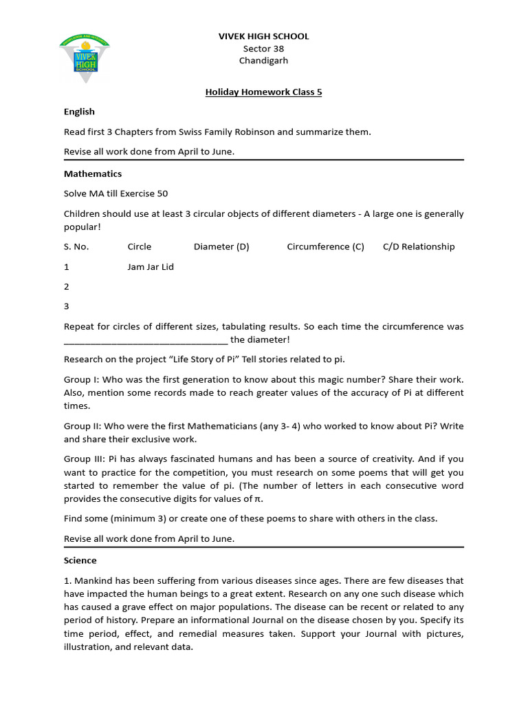 Planner 20230603155038 Holiday Homework Class 5 | PDF