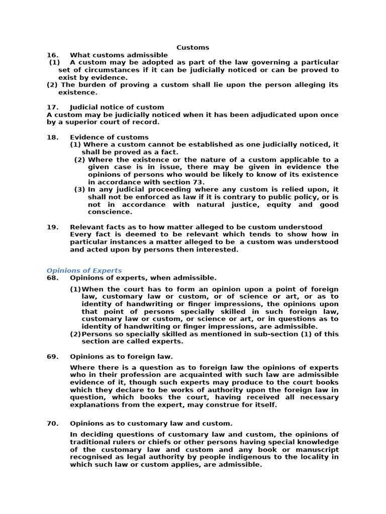 Customs - Evidence Act Provisions On Custom | PDF | Judicial Notice ...
