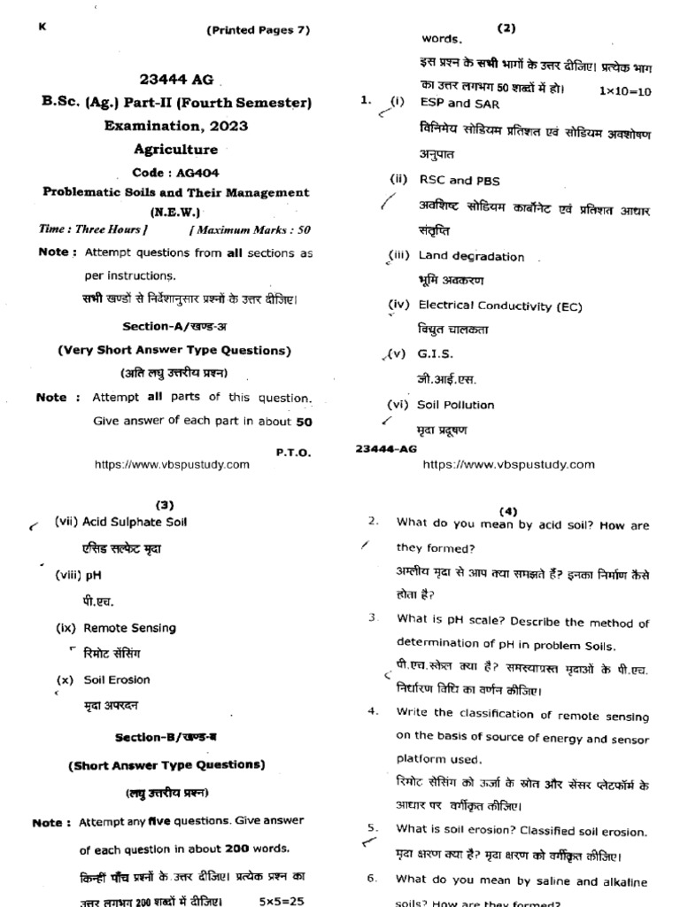 BSC 4 Sem Ag Problematic Soils and Their Management 23444 Ag 2023 | PDF