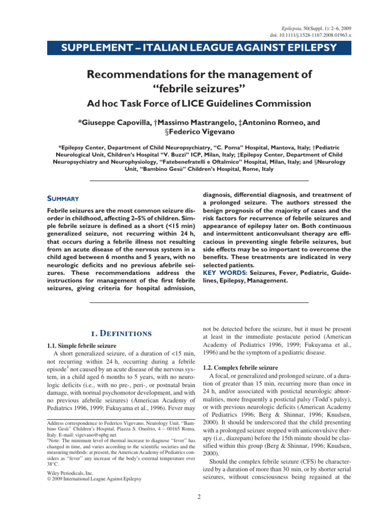 Epilepsia - 2009 - Capovilla - Recommendations For The Management of Febrile Seizures Ad Hoc ...