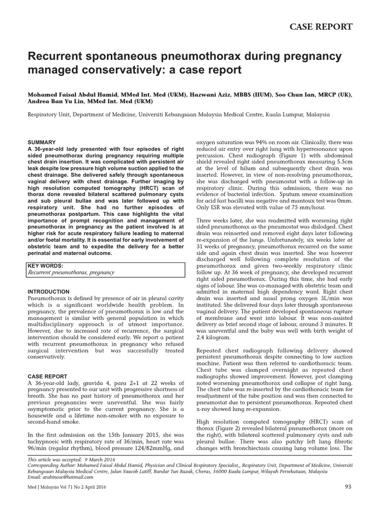 Case Report Pneumothorax | PDF | Childbirth | Lung