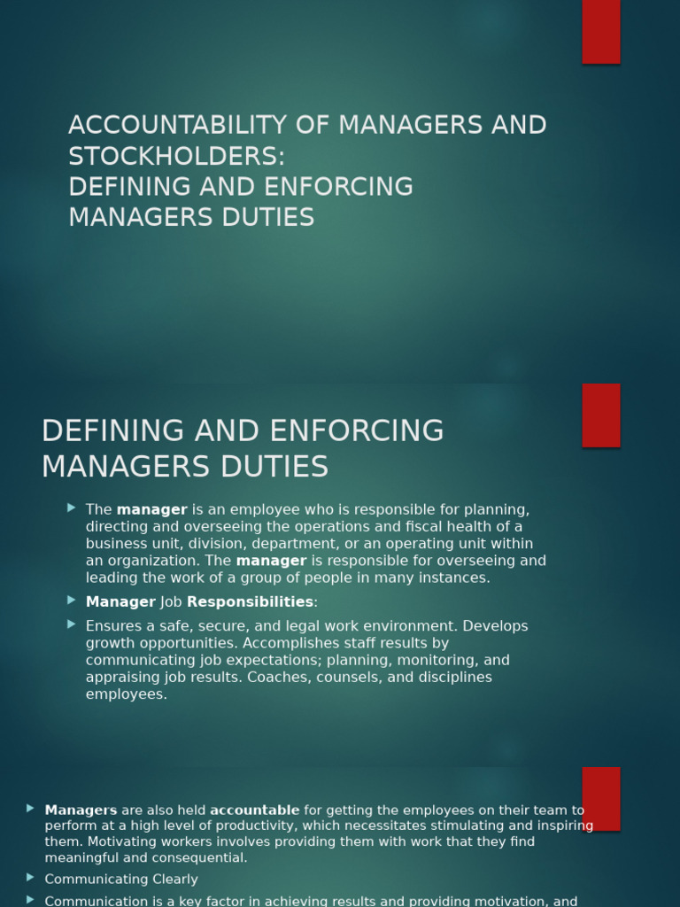 Accountability of Managers and Stockholders Defining and Enforcing ...