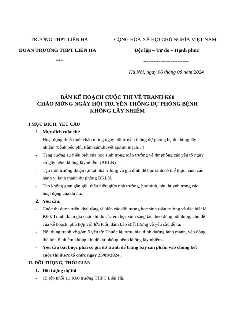 BẢN KẾ HOẠCH CUỘC THI VẼ PE K60 | PDF