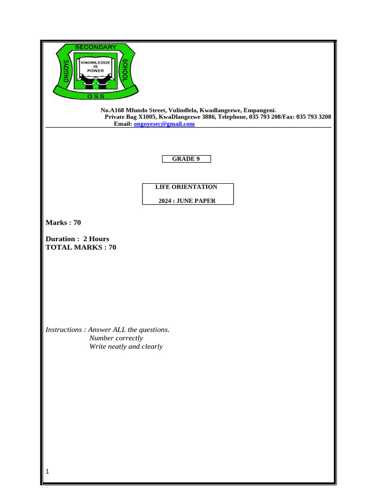 Grade 9 Life Orientation June Exam 2024 | PDF | Abortion | Nursing
