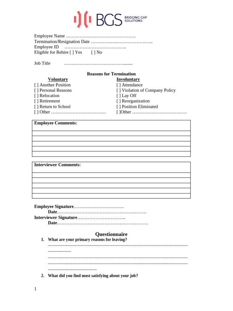 Exit Form | PDF | Performance Appraisal | Workplace