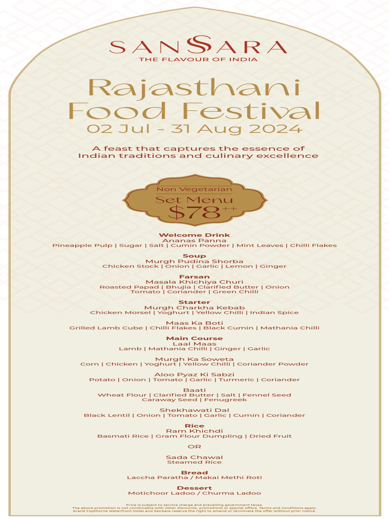Sansara Rajasthani Set Menu - July2024 | PDF | Foods | Cuisine
