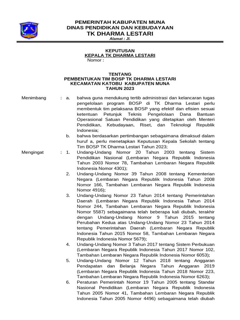 Contoh SK Tim BOS Sekolah 2024 | PDF