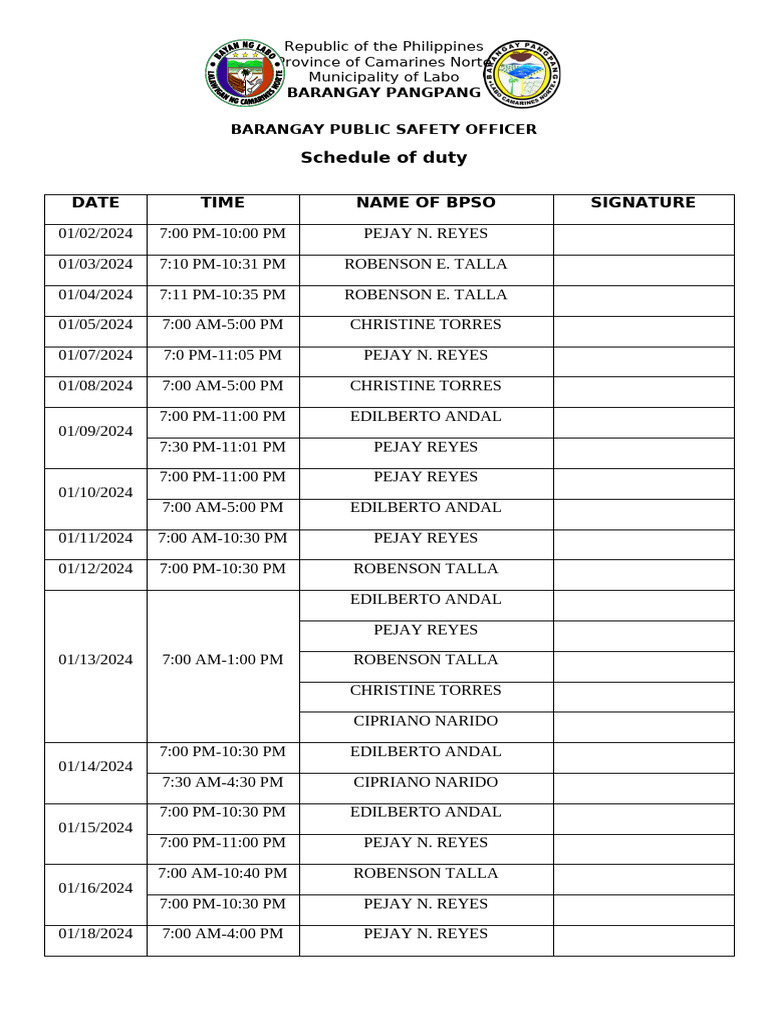 BPSO Schedule of Duty | PDF