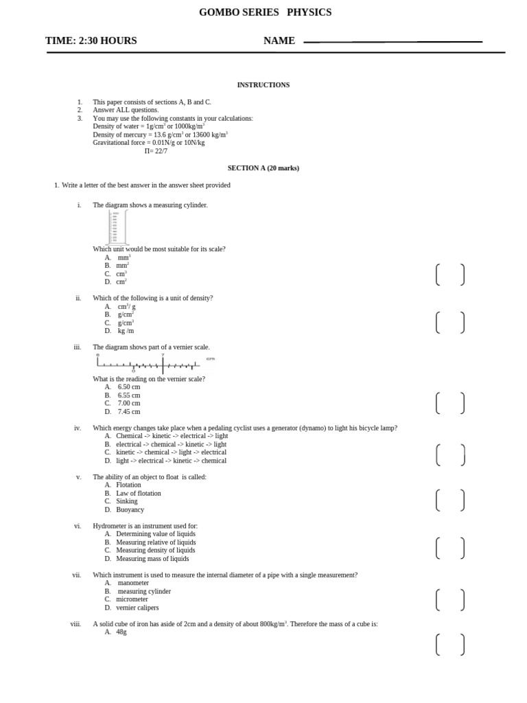 Form One Examination | PDF | Density | Force