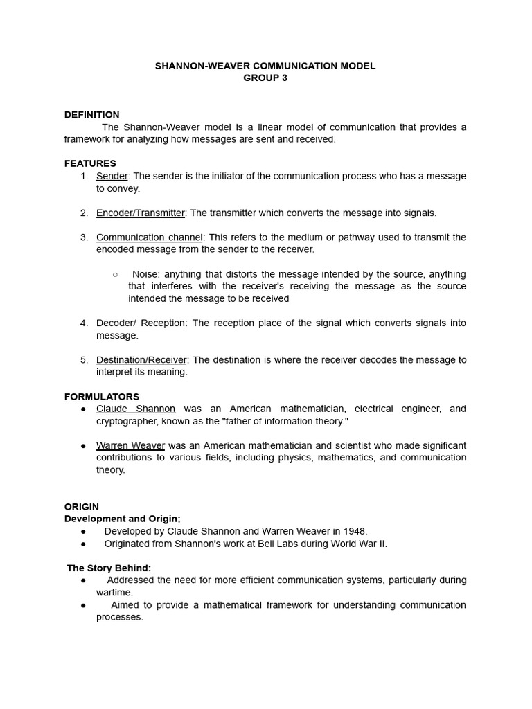 SHANNON-WEAVER COMMUNICATION MODEL HANDOUT | PDF | Communication ...