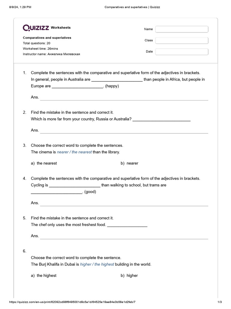 Quizizz: Comparatives & Superlatives Worksheets | PDF | Adjective | Syntax