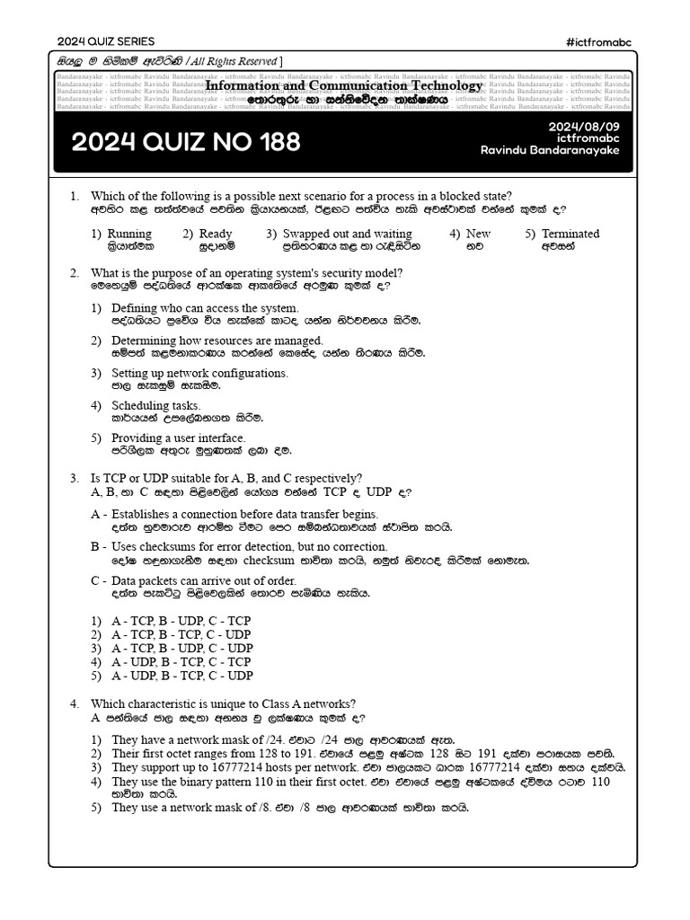 ICT Quiz 2024: Questions & Answers | PDF