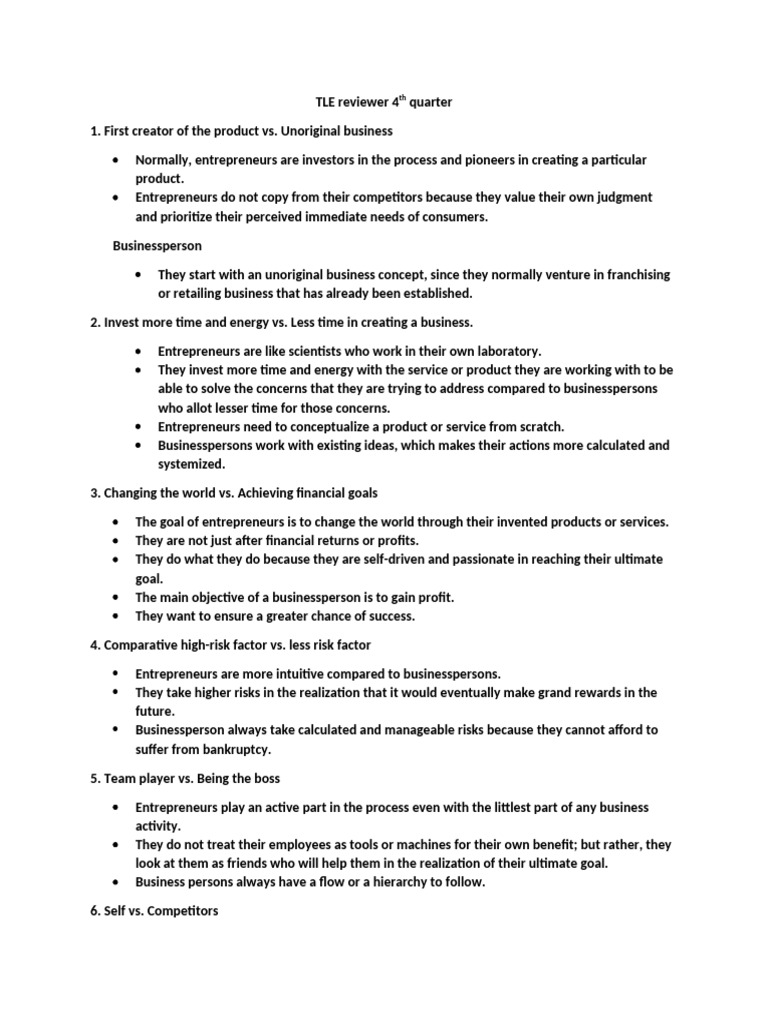 TLE Reviewer 4th Quarter | PDF | Entrepreneurship | Market (Economics)