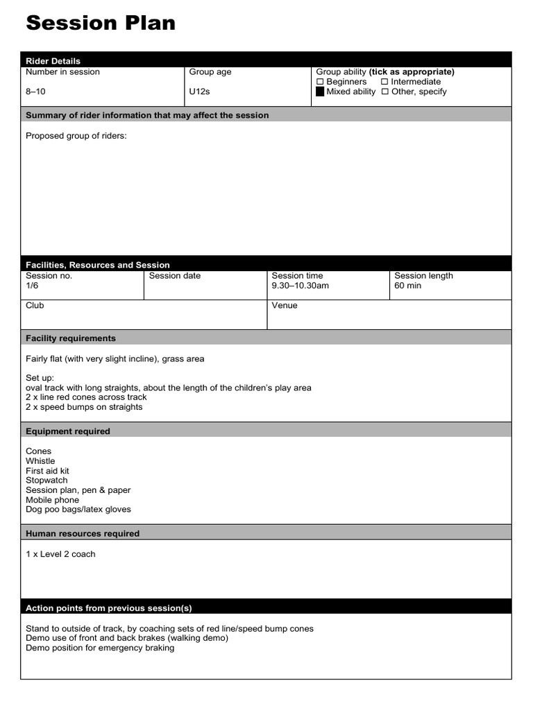 Week 1of6 Session plan | PDF | Brake