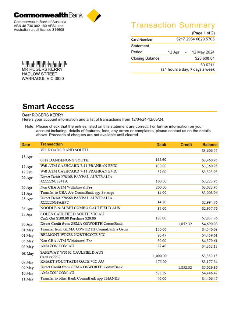 Commonwealth Bank Statement Summary | PDF | Debit Card | Credit Card
