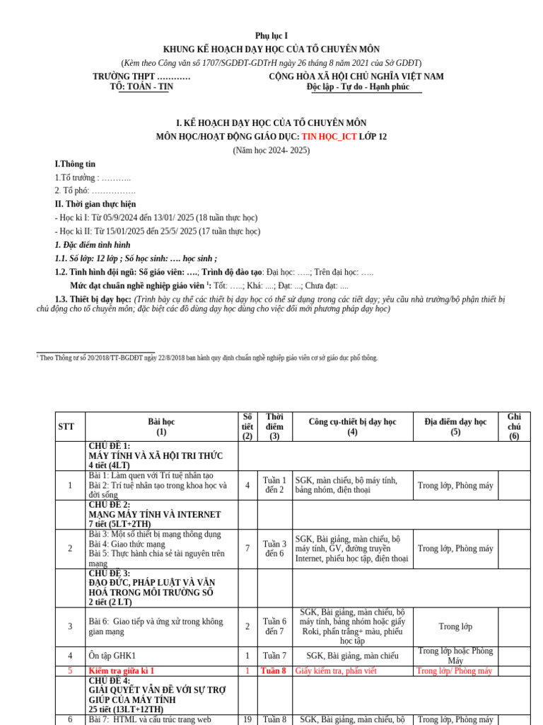 KHTCM - Tin12 - Ict-Khgd 2024-2025 | PDF