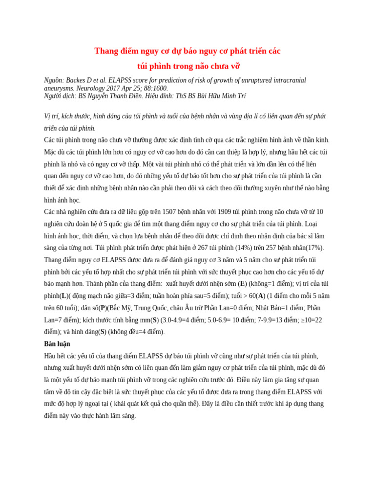 501 Thang Diem Nguy Co Du Bao Nguy Co Su Phat Trien Cac Tui Phinh Trong Nao Chua Vo 2 | PDF