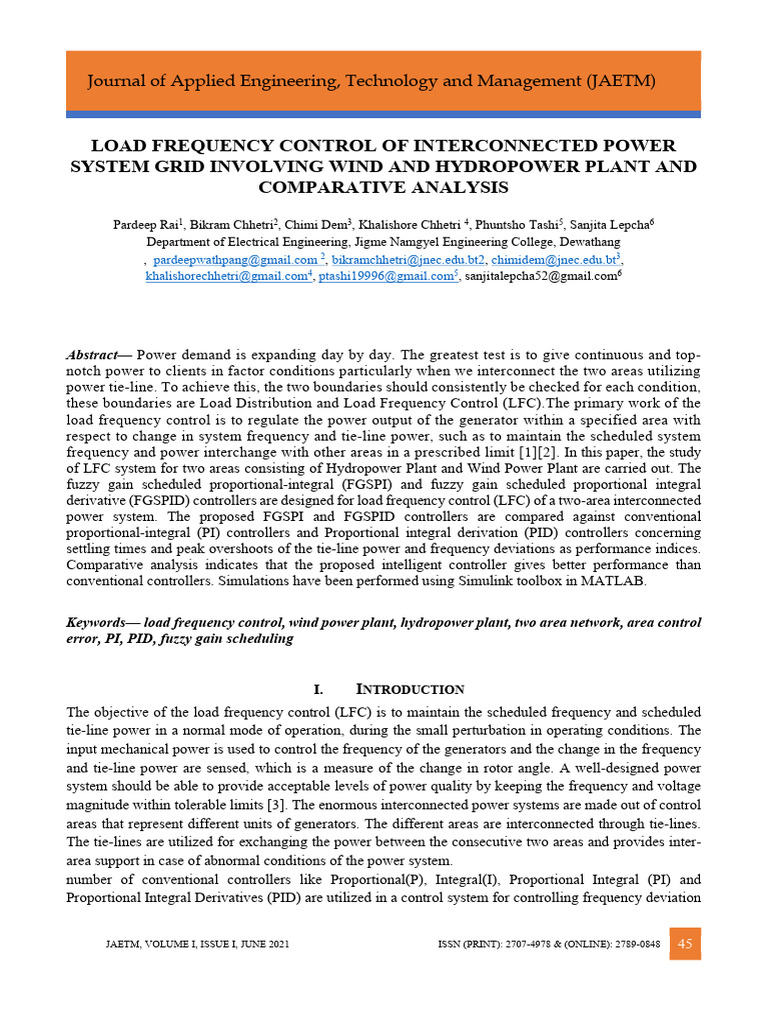 Load Frequency Control Of Interconnected Power System Grid Involving Wind And Hydropower Plant 