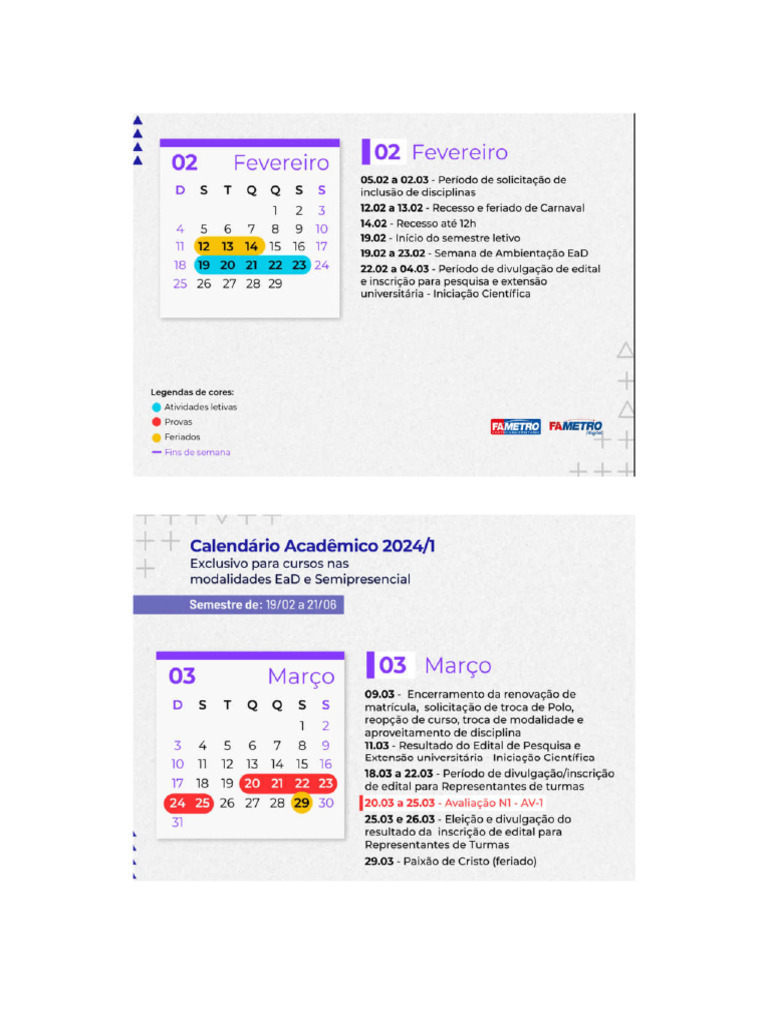 Calendario Academico Ead - 2 Semestre Fametro 2024 | PDF