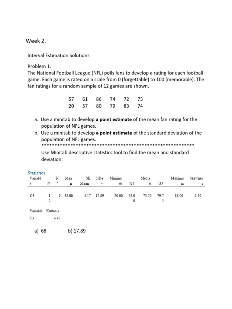 Week 2 - Interval Estimation Solutions | PDF | Standard Deviation | Errors And Residuals