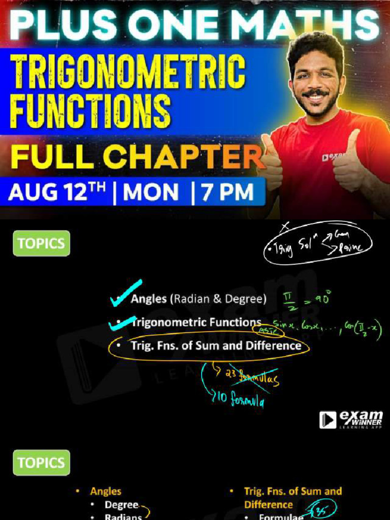 Examwinner +1 Maths Trigonometric Functions One Shot Notes | PDF