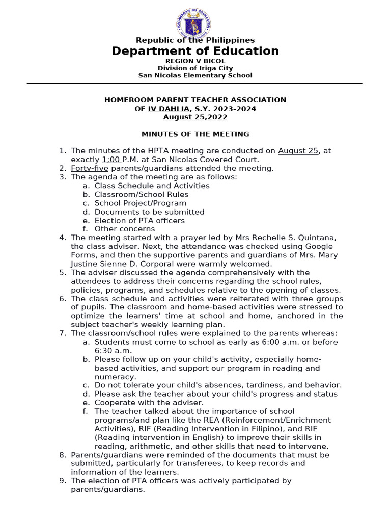 MINUTES OF THE MEETING HOMEROOM PARENT TEACHER ASSOCIATION ...