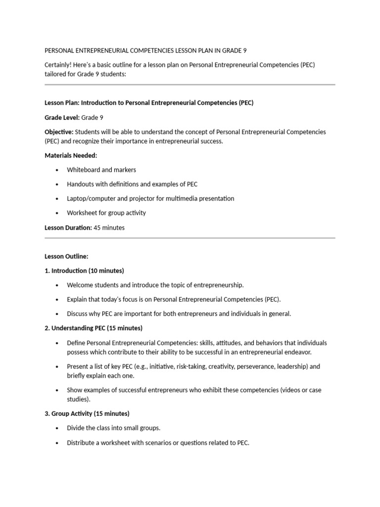 Personal Entrepreneurial Competencies Lesson Plan in Grade 9 | PDF ...