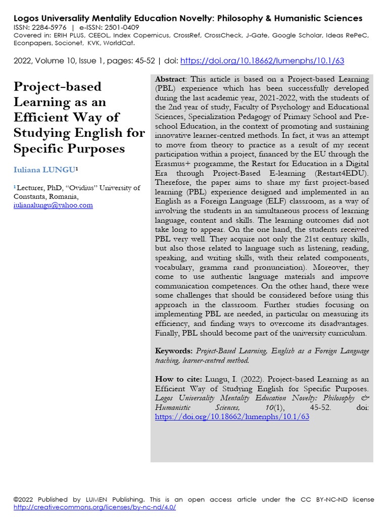 Project-Based Learning As An Efficient Way of Stud | PDF | Project Based Learning | Liberal Arts ...