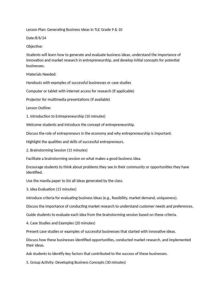 Business Idea Generation Lesson Plan | PDF | Brainstorming ...