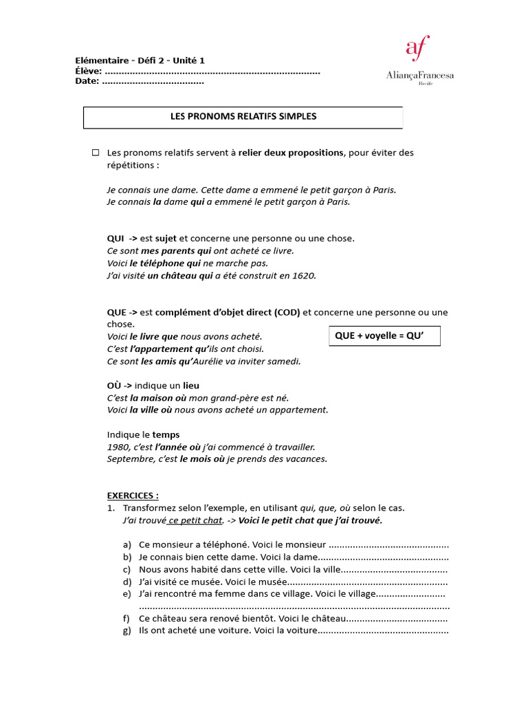 Exercices sur les pronoms relatifs | PDF | Linguistique
