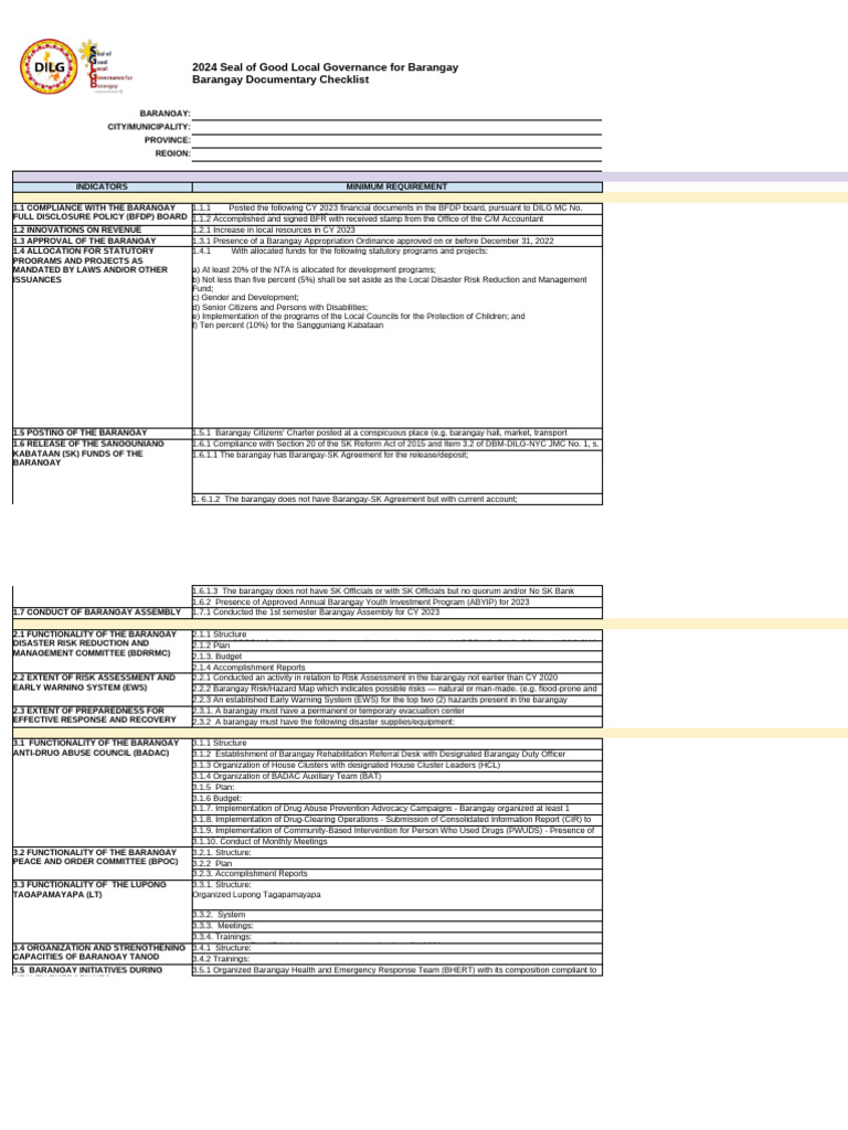 2024 Checklist SGLGB Form | PDF | Disaster Risk Reduction | Risk