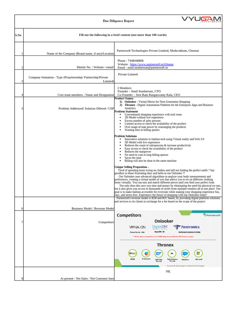 Due Diligence - One Pager | PDF | Investing | Revenue
