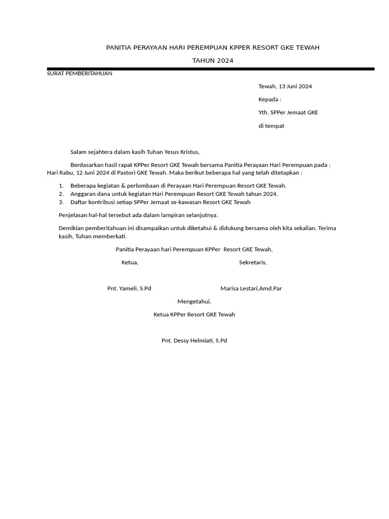Pemberitahuan Kegiatan Hari Perempuan KPPer Resort GKE Tewah 2024-1 | PDF