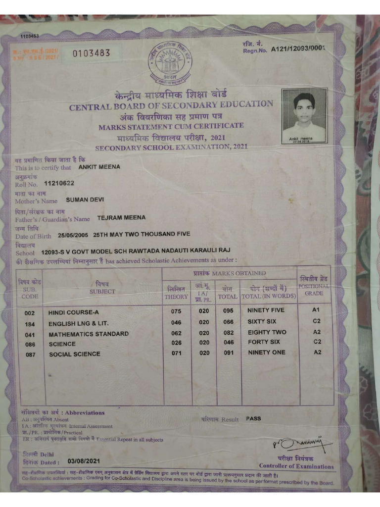 10th Mark Sheet | PDF