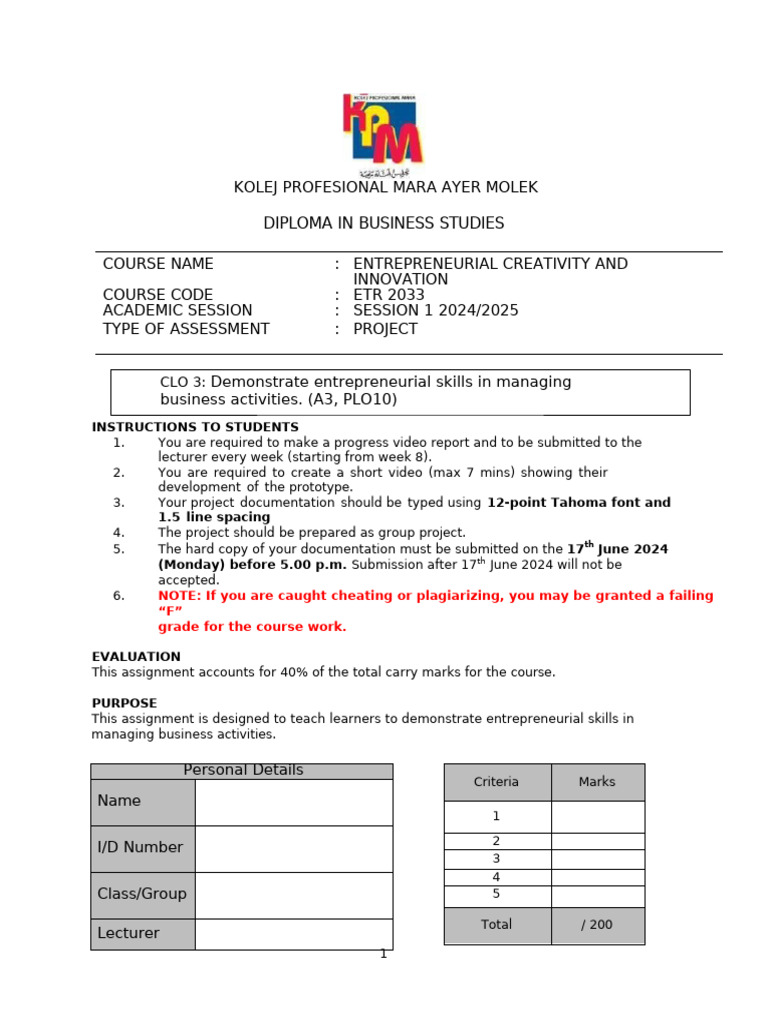 Etr2033 Project Session 1 2024 - 2025 Kpmam Students | PDF | Creativity ...