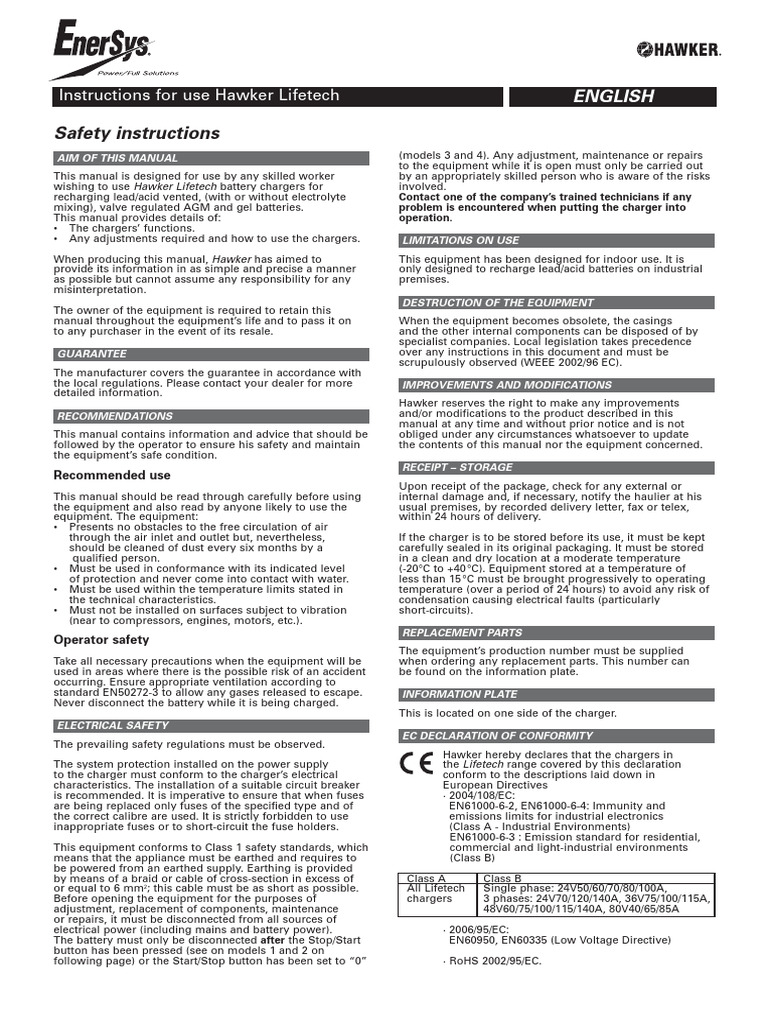Enersys Hawker Lifetech Battery Chargers User Manual | PDF | Battery Charger | Rechargeable Battery