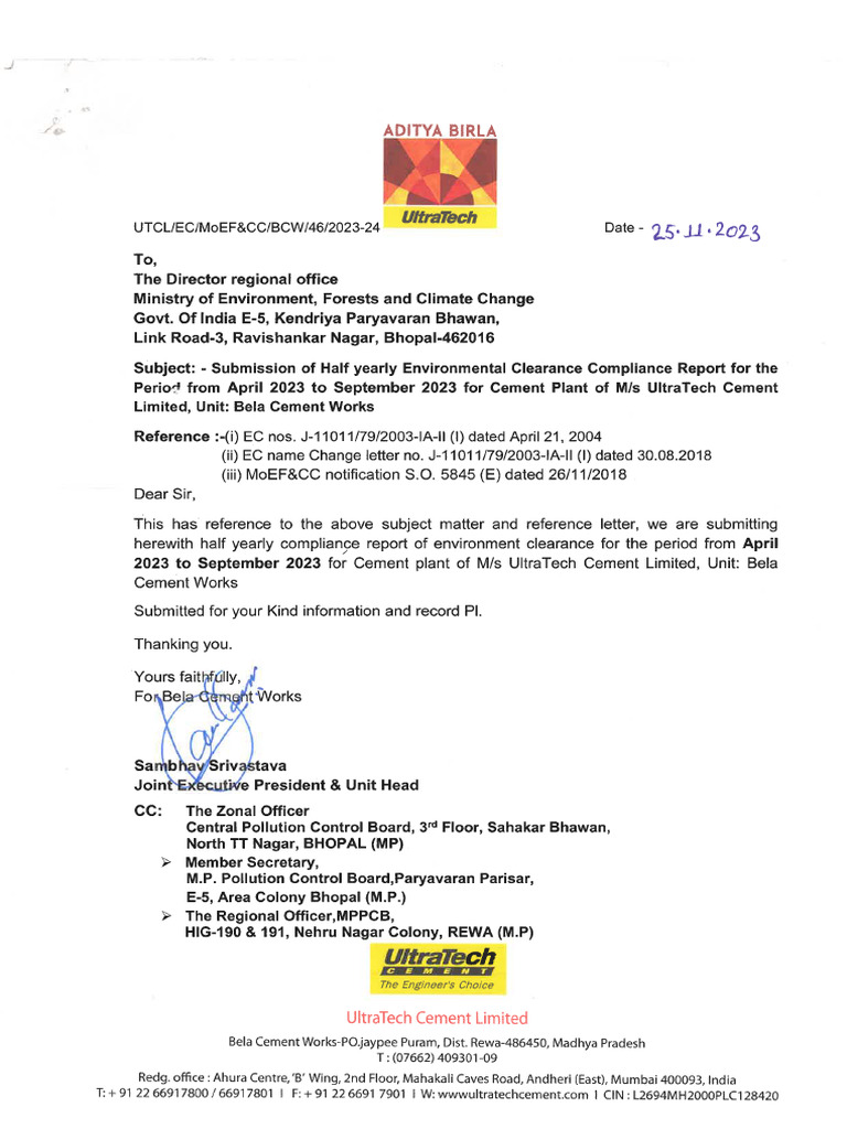 Bela Cement Works Compliance Report 2023 | PDF | Cement | Effluent