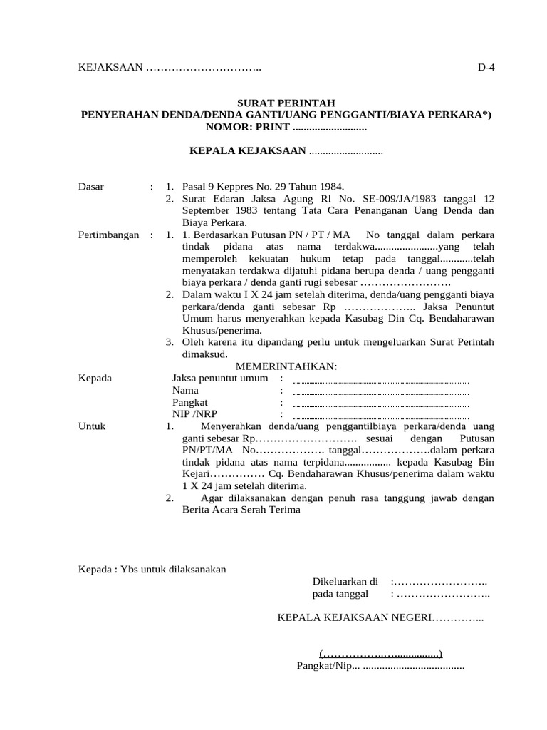 Surat Perintah Penyerahan Denda Kejaksaan | PDF