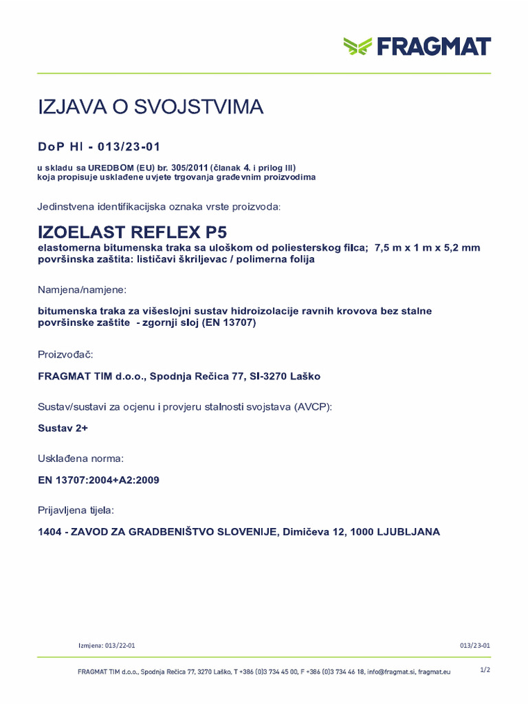 IZOELAST REFLEX P5 Izjava o Svojstvima - 23 01 | PDF