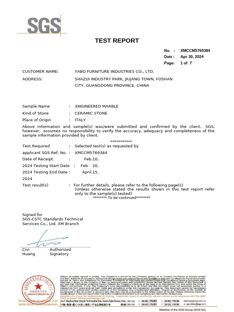 Engineered Marble Test Report | PDF | Materials | Building Engineering