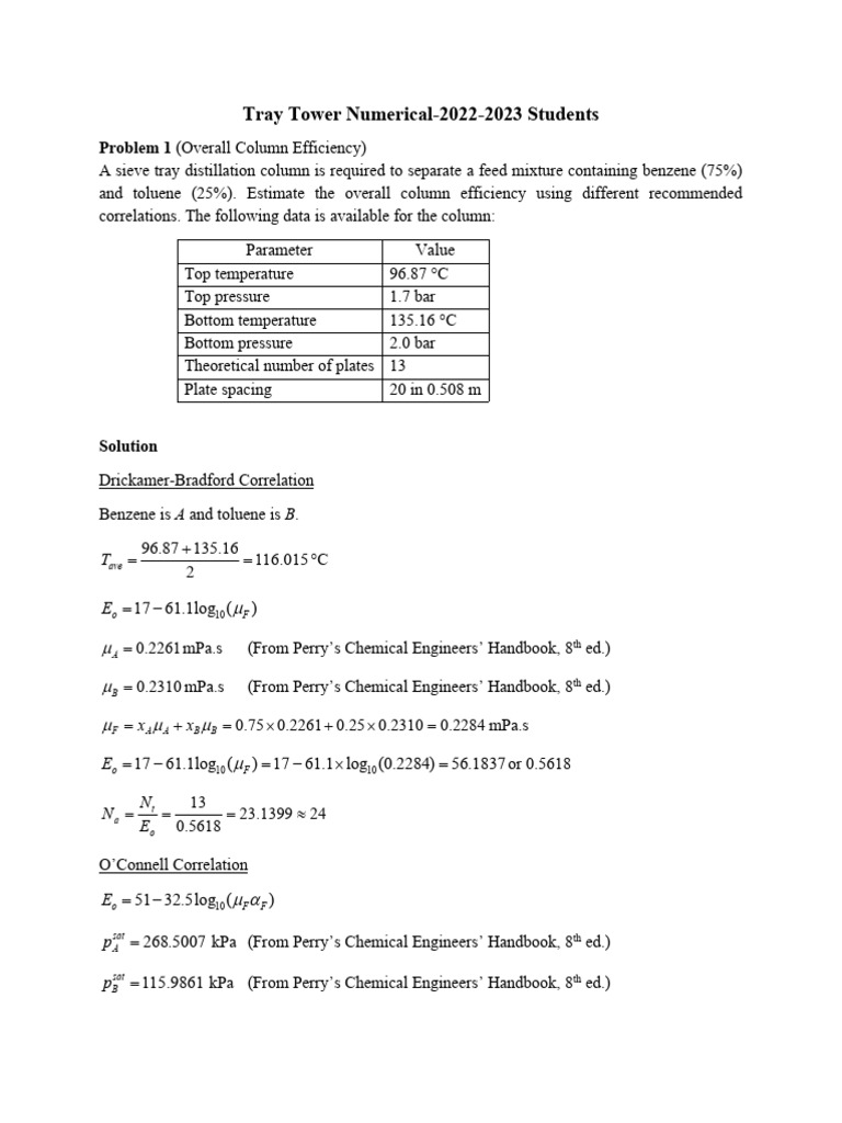 Tray Tower Numerical 31 Dec 2022 | PDF | Distillation | Liquids