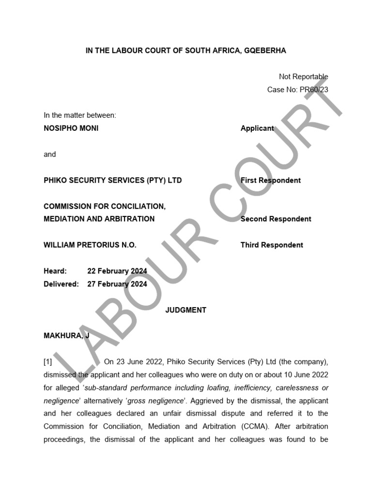 South Africa Labour Court Case: Moni vs Phiko Security | PDF | Burden ...