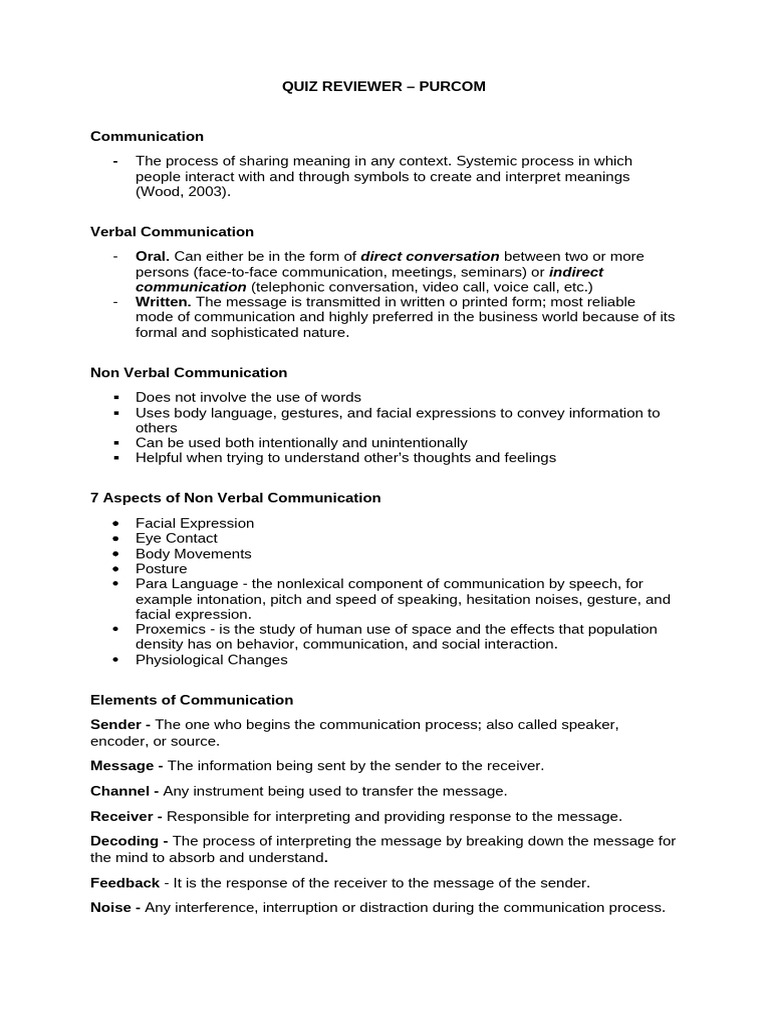 Quiz Reviewer - Purposive Communication | PDF | Communication | Nonverbal Communication