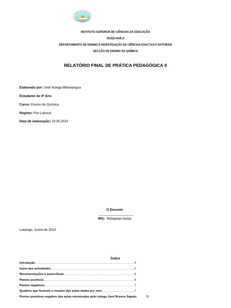 Relatorio de 2024 Nzinga | PDF | Pedagogia | Química