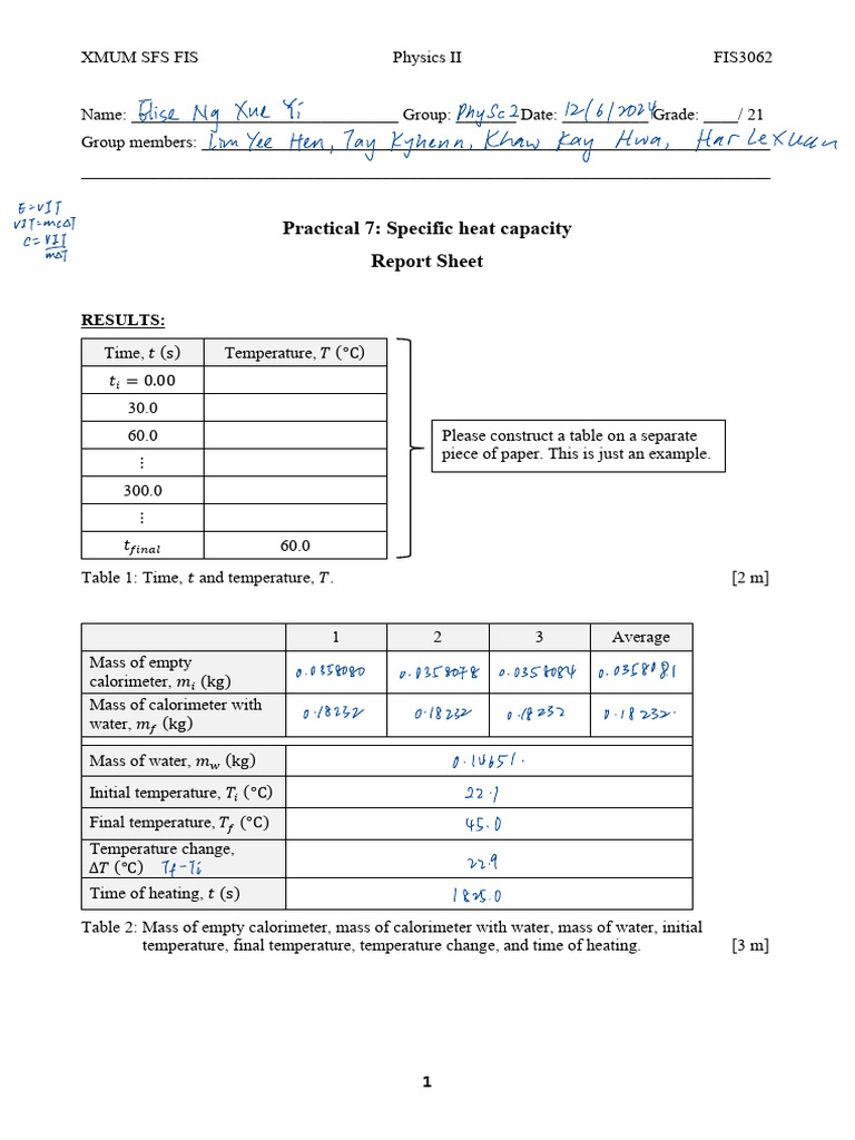 Practical 7 Specific Heat Capacity | PDF | Heat | Heat Capacity