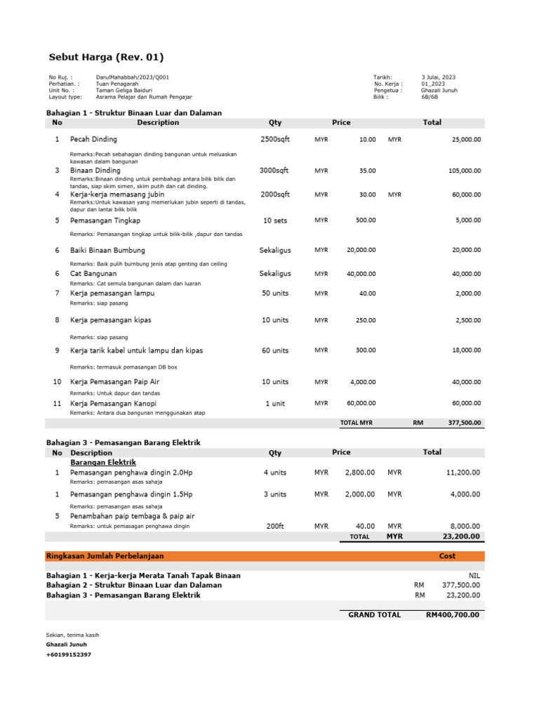 Quotation - Darul Mahabbah - Rev01 | PDF