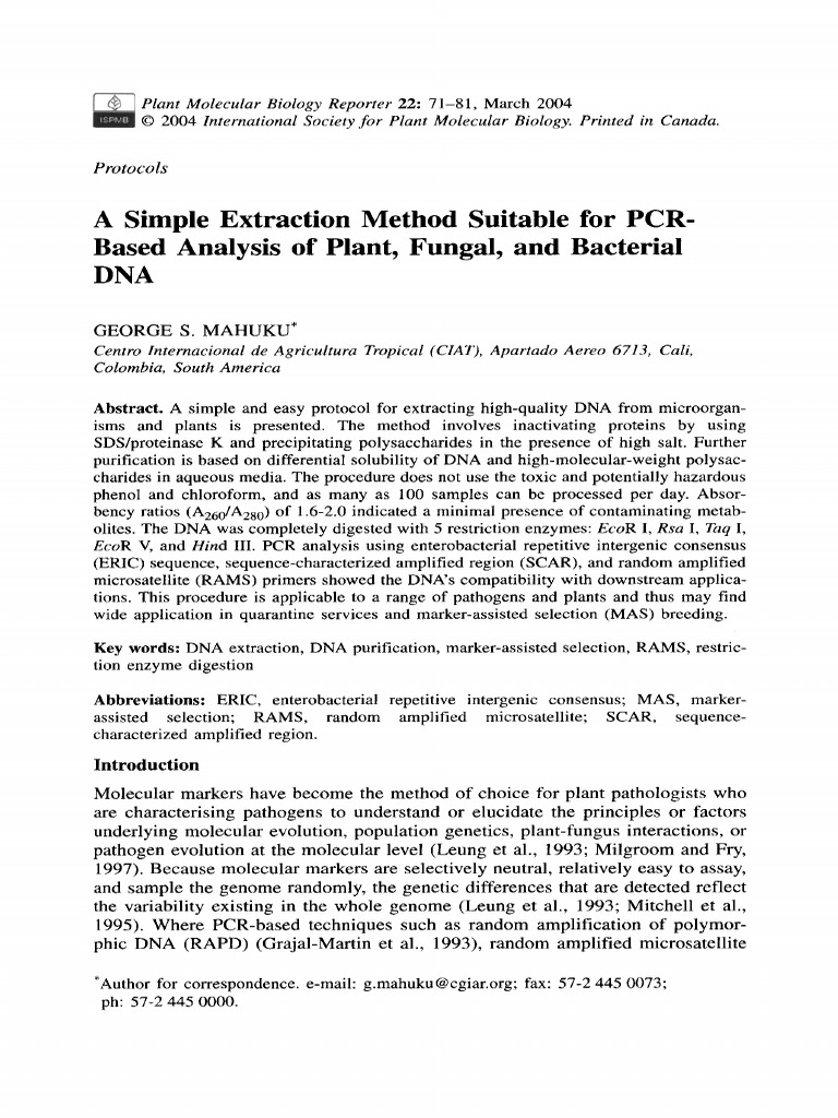 Simple DNA Extraction for PCR Analysis | PDF | Polymerase Chain ...